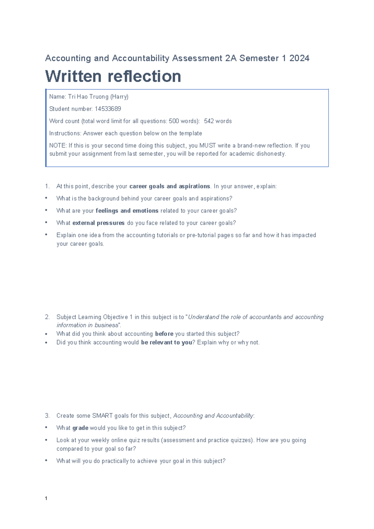 ACC 2024 Assessment 2A: Written Reflection on Career Goals - Studocu