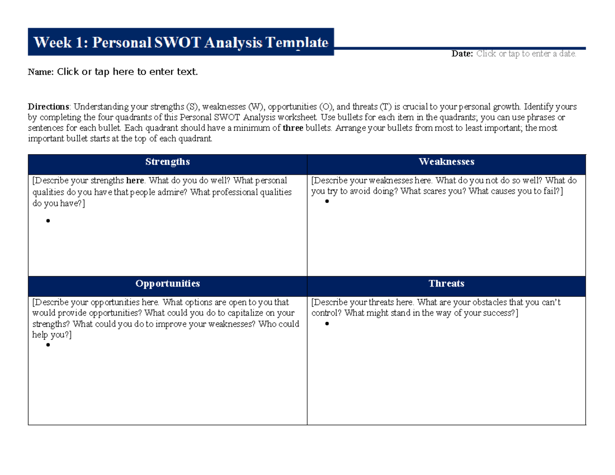 Student IT Personal SWOT Analysis Worksheet Template - Studocu