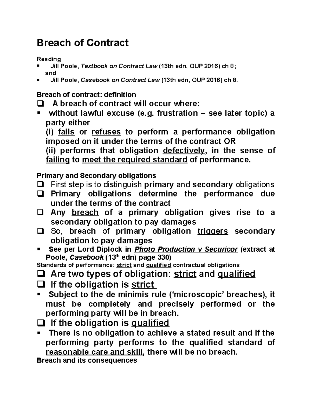 Breach of Contract - full lecture notes - Breach of Contract Reading ...