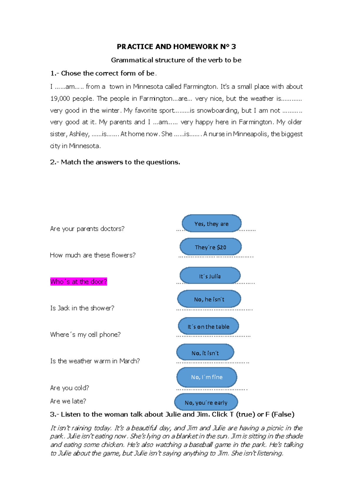(ENG-101) The Verb To Be: Practice & Homework N° 3 Guide - Studocu