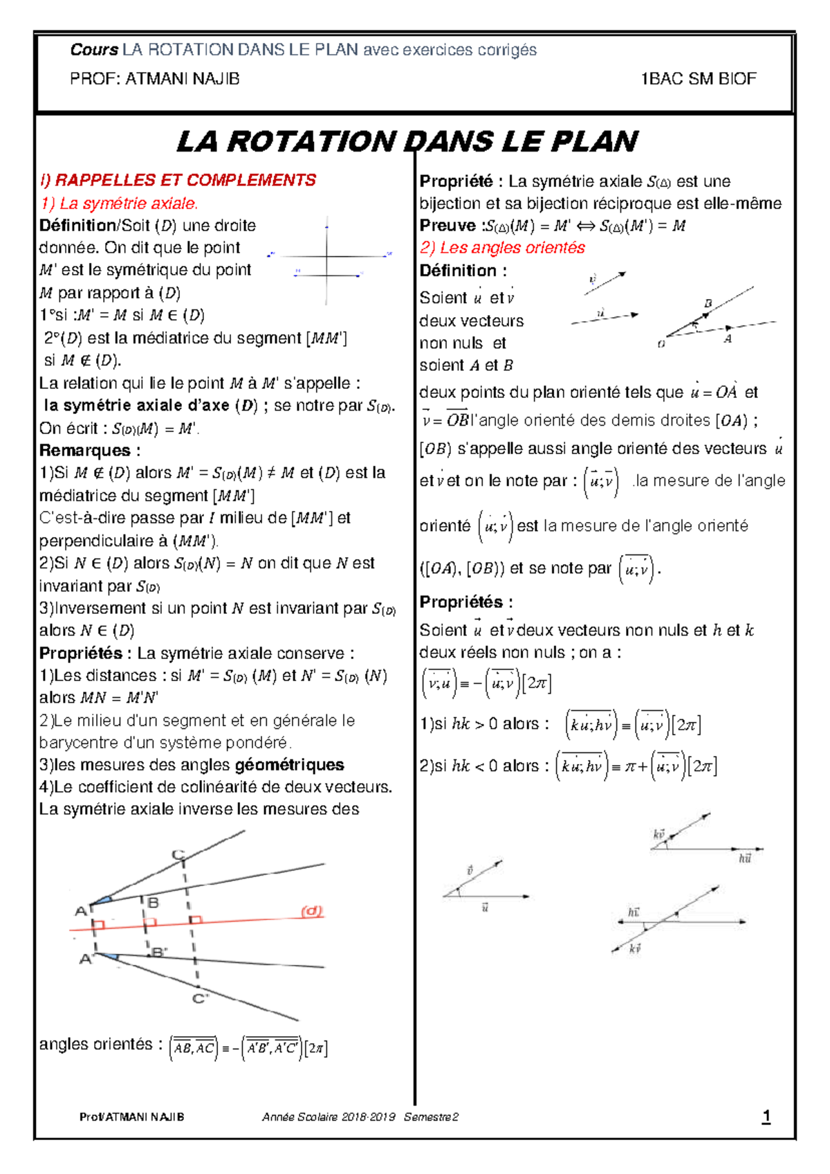 La rotation dans le plan : Cours et exercices corrigés 1bac biof - Studocu
