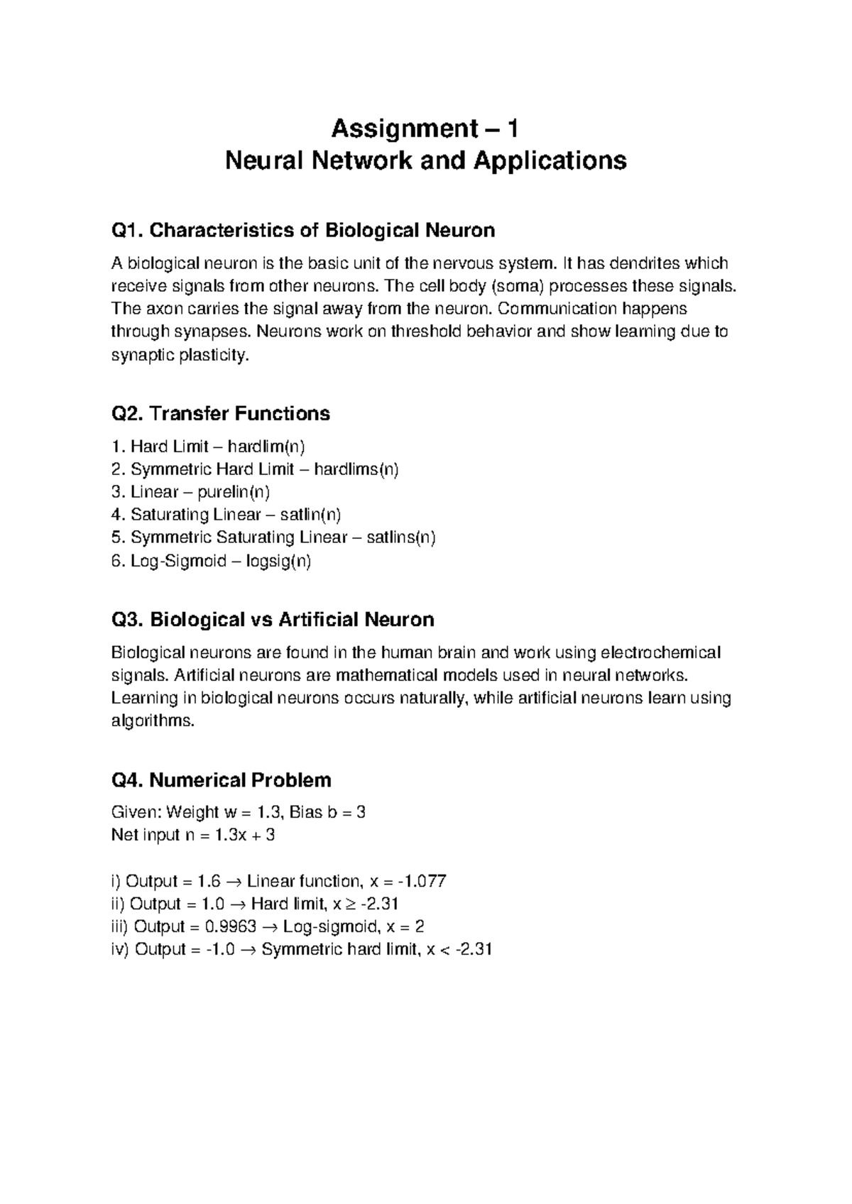 Assignment 1: Neural Networks & Biological Neurons Overview - Studocu