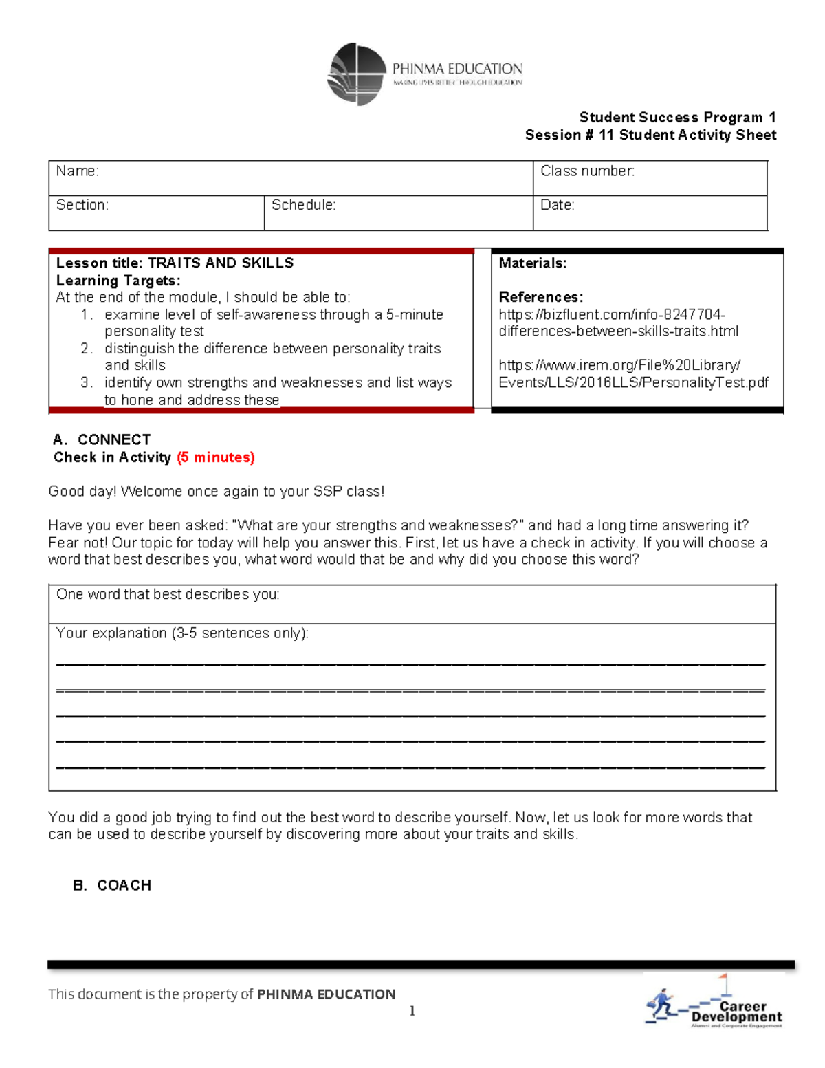 SAS Traits & Skills Module Activity Sheet SY 22-23 Yr1 - Studocu