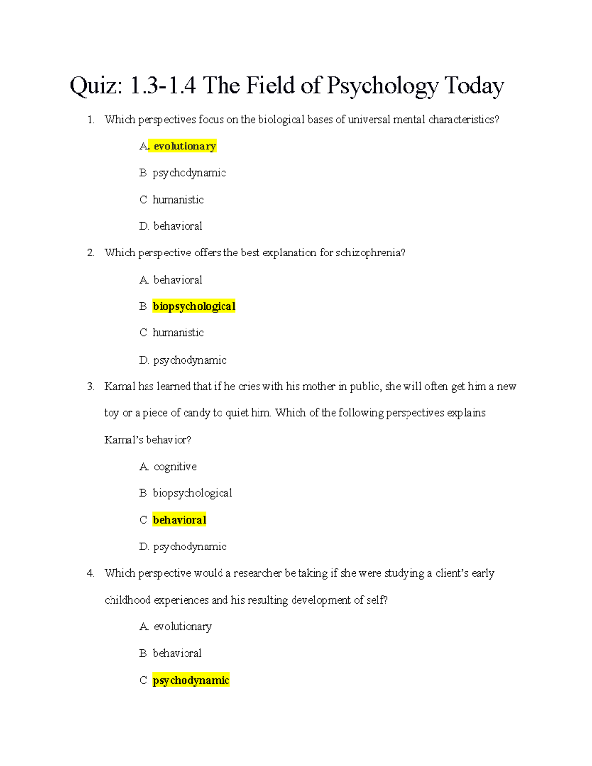 Quiz- 1.3-1.4 The Field of Psychology Today - Quiz: 1.3-1 The Field of ...