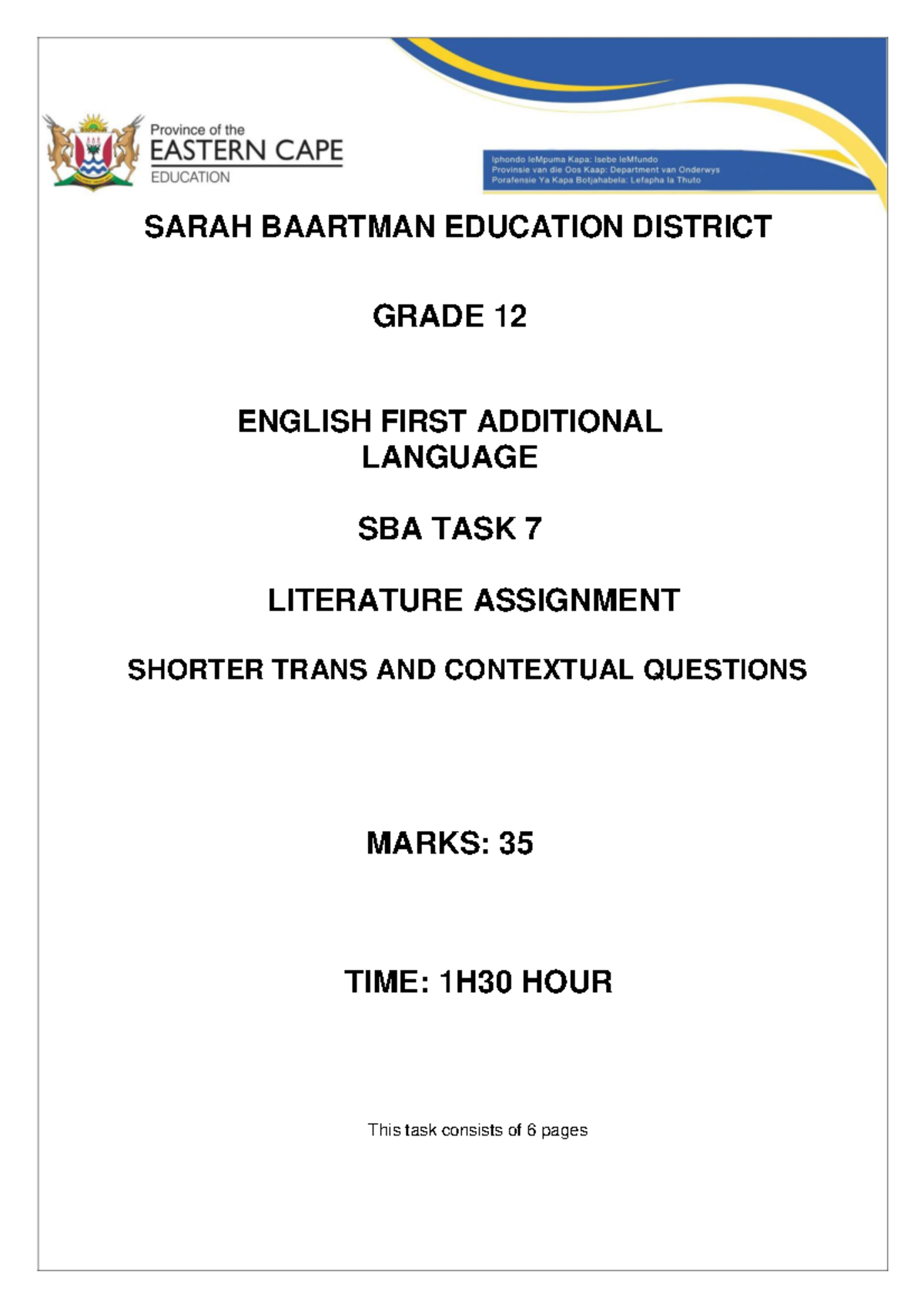 GR 12 EFAL SBA TASK 7: Literature Assignment & Contextual Questions ...