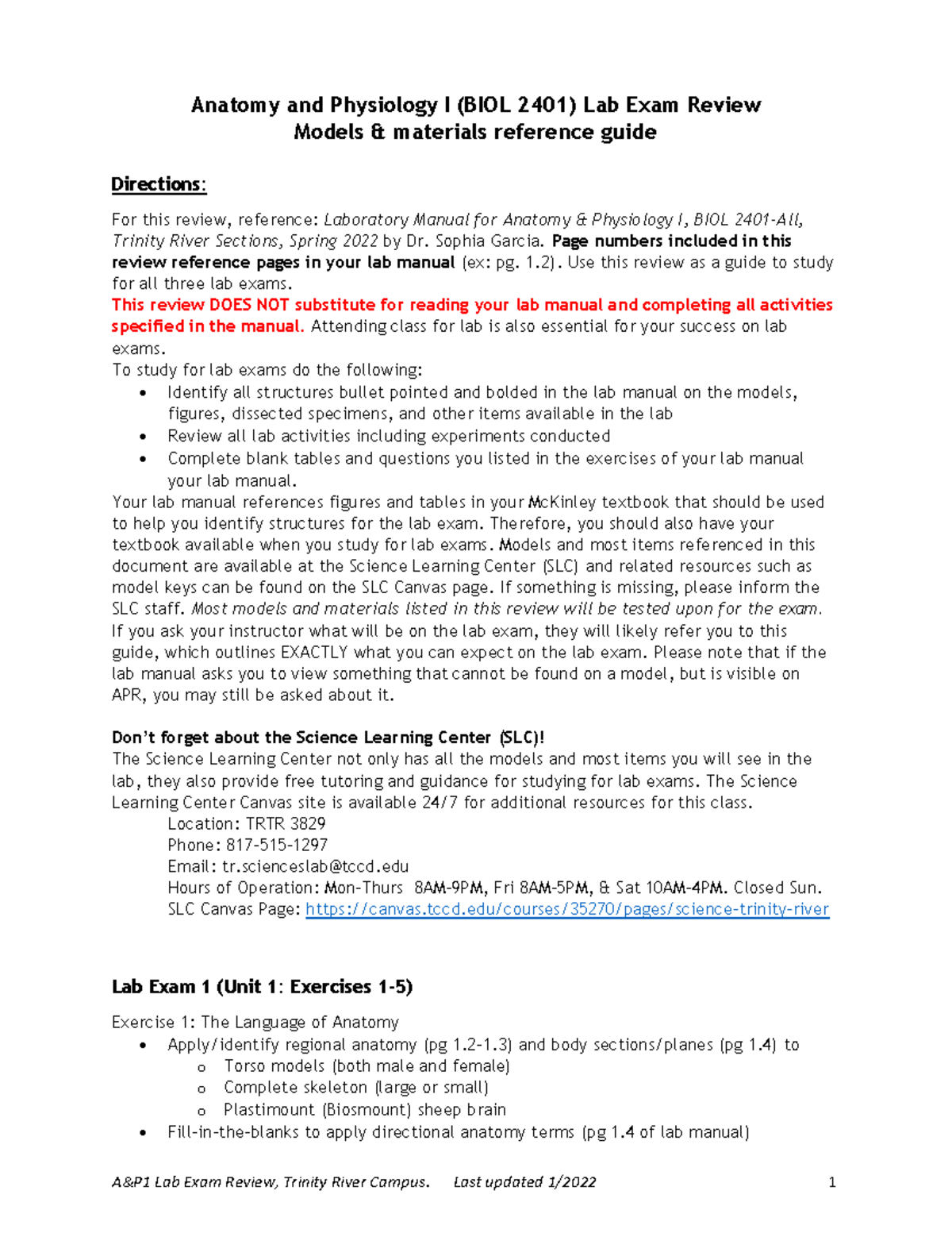 AP1 Lab Exam Review-Models and Materials Reference Guide - Anatomy and ...