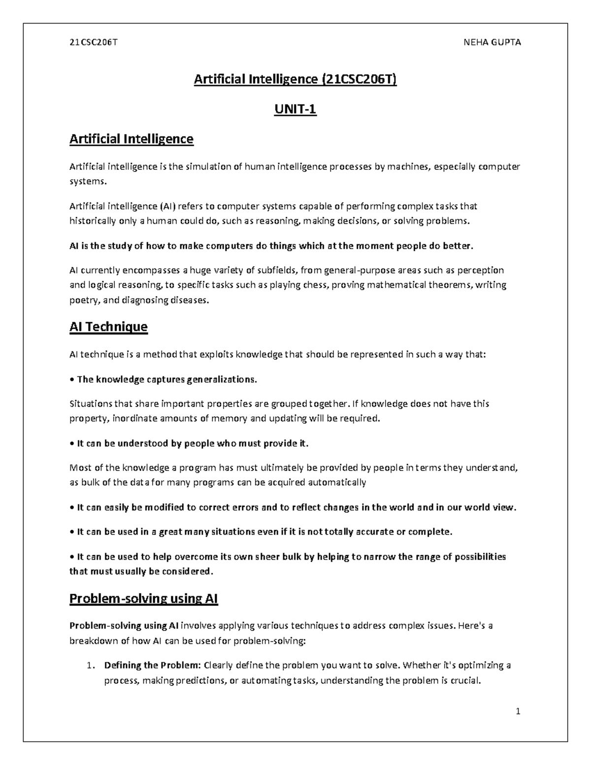 21CSC206T AI Unit 1 Notes: Introduction to Artificial Intelligence ...
