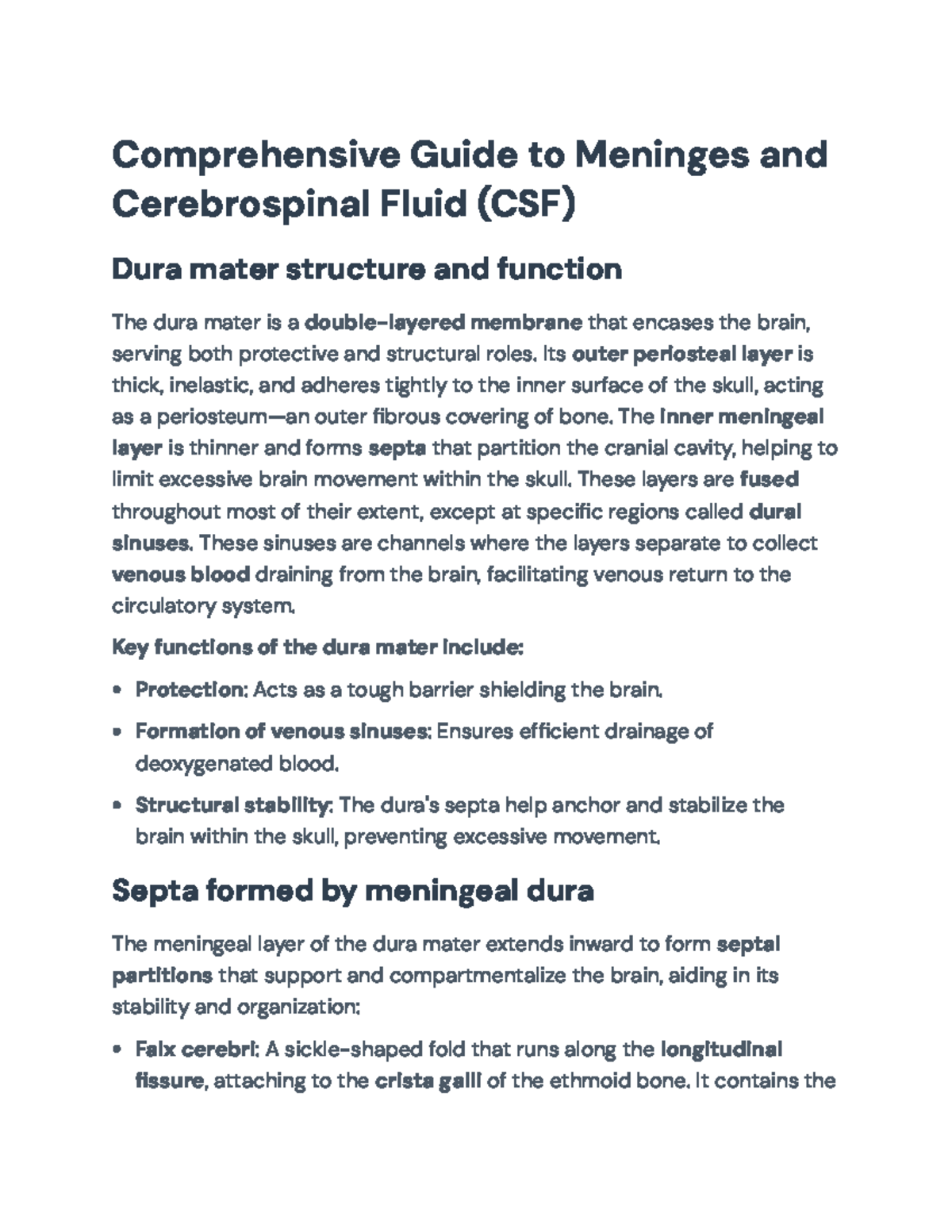 Comprehensive Study of Meninges & CSF Functions and Structures - Studocu