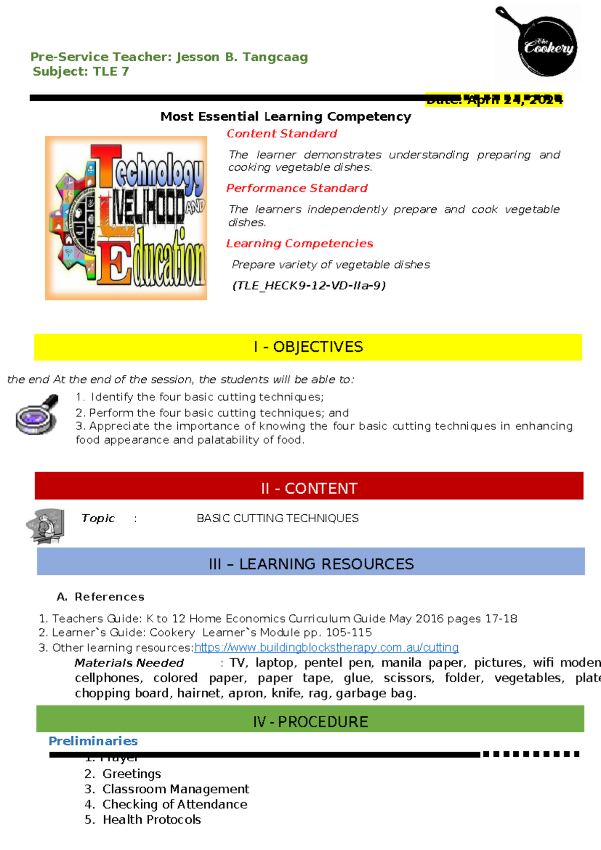TLE_HECK9-12-VD-IIa-9: Comprehensive Lesson Plan on Cutting Techniques ...