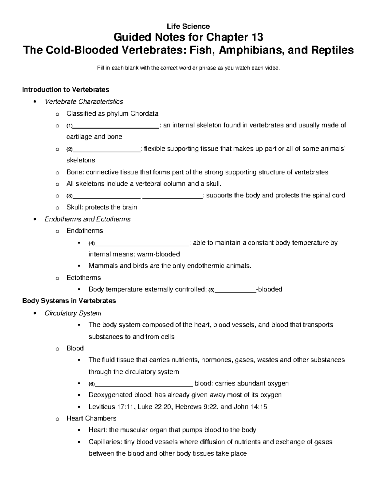 7SC 4Day094 Chapter 13 Guided Notes: Cold-Blooded Vertebrates - Studocu