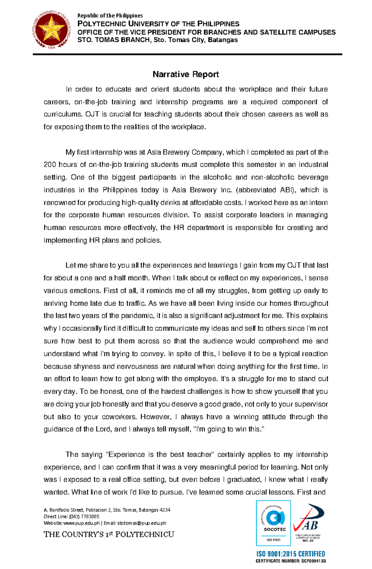 OJT Narrative Report: Insights from My Internship at ABI - Studocu