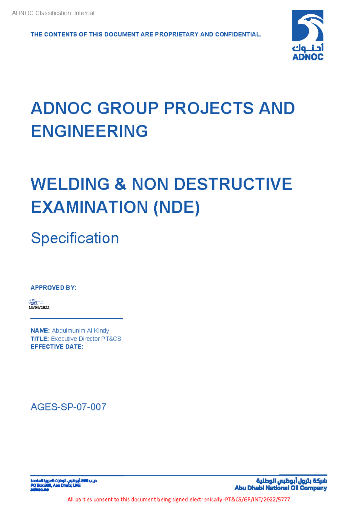 AGES-SP-07-007 - Specification for Welding & Non-Destructive Examination - Studocu