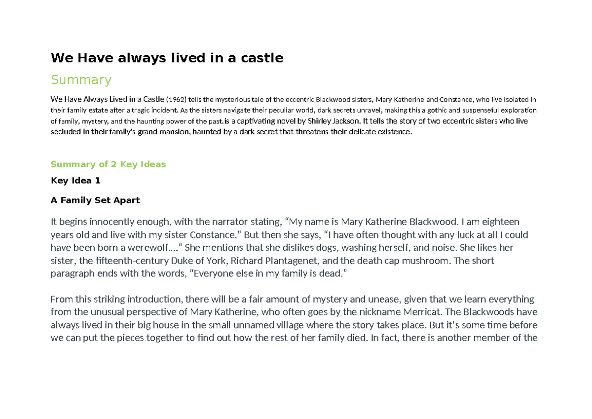 Yr 12 We Have Always Lived in a Castle: Summary of Key Ideas - Studocu