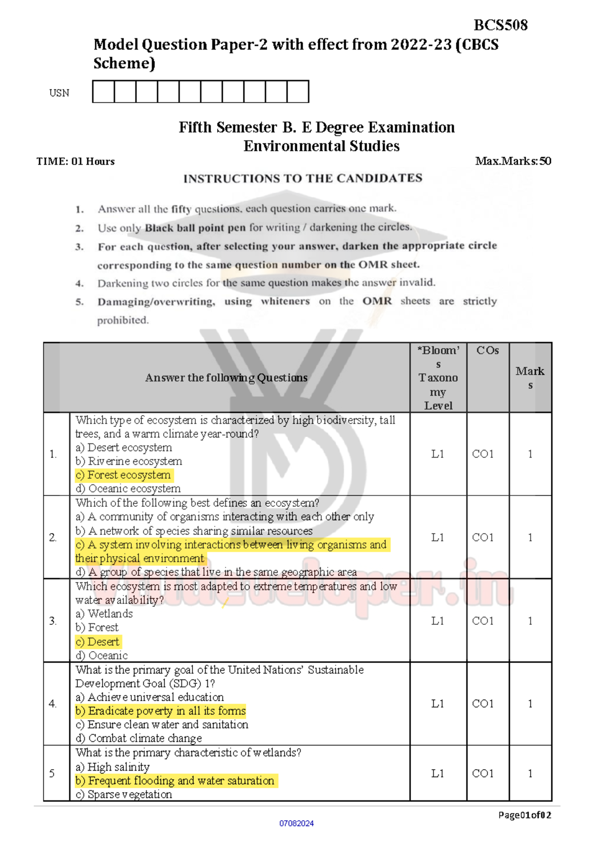 BCS508 EVS Model Question Paper - Fifth Semester Exam - Studocu