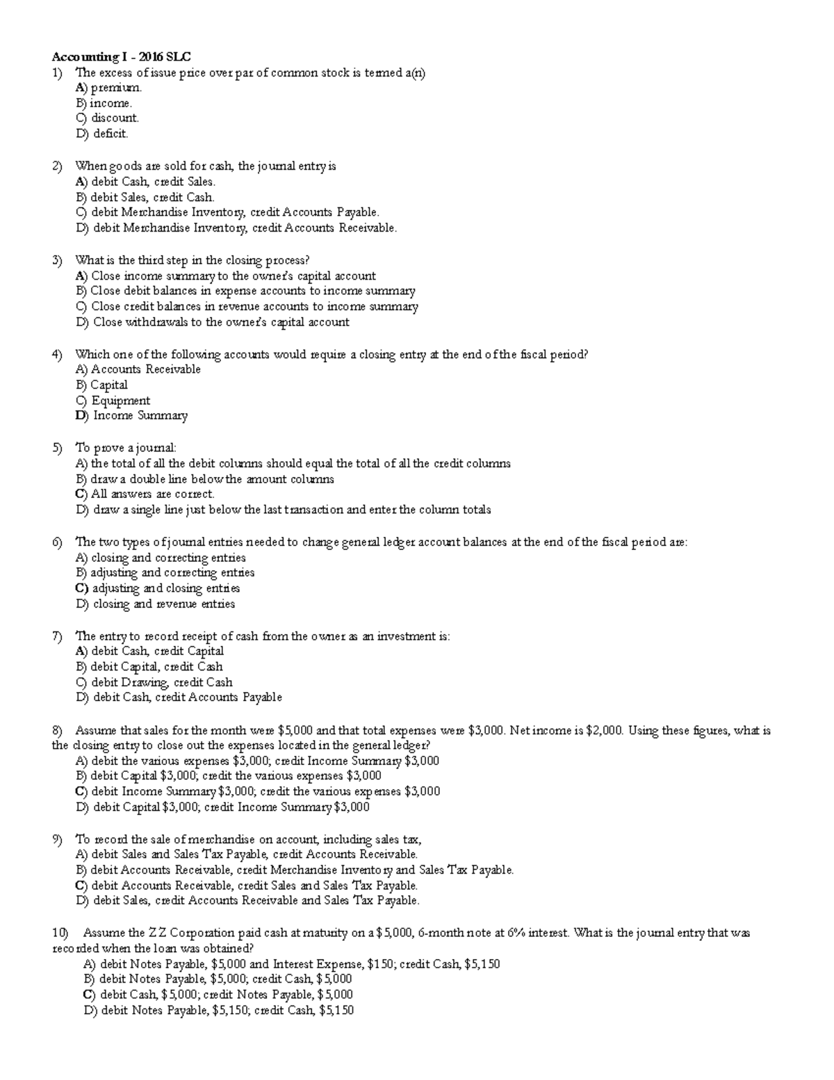 Accounting I 2016 SLC: Comprehensive Study Guide and Exam Prep - Studocu