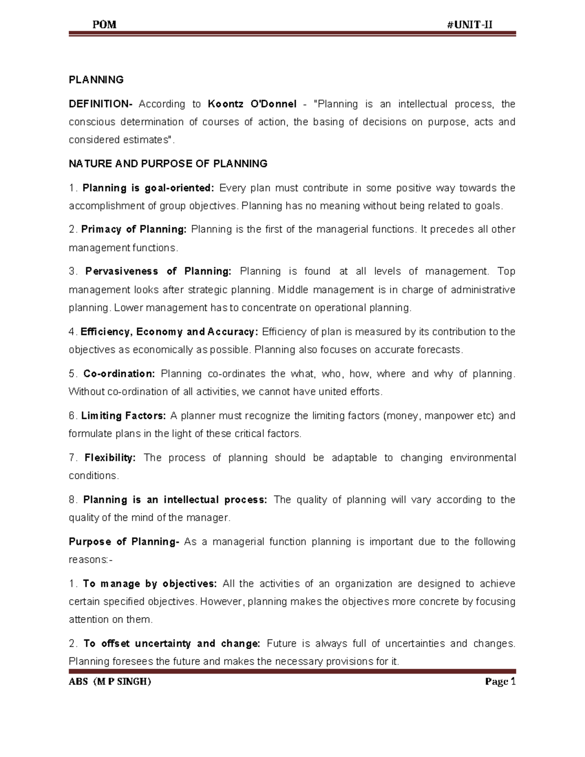 POM 101: Unit II - Comprehensive Notes on Planning and Management - Studocu