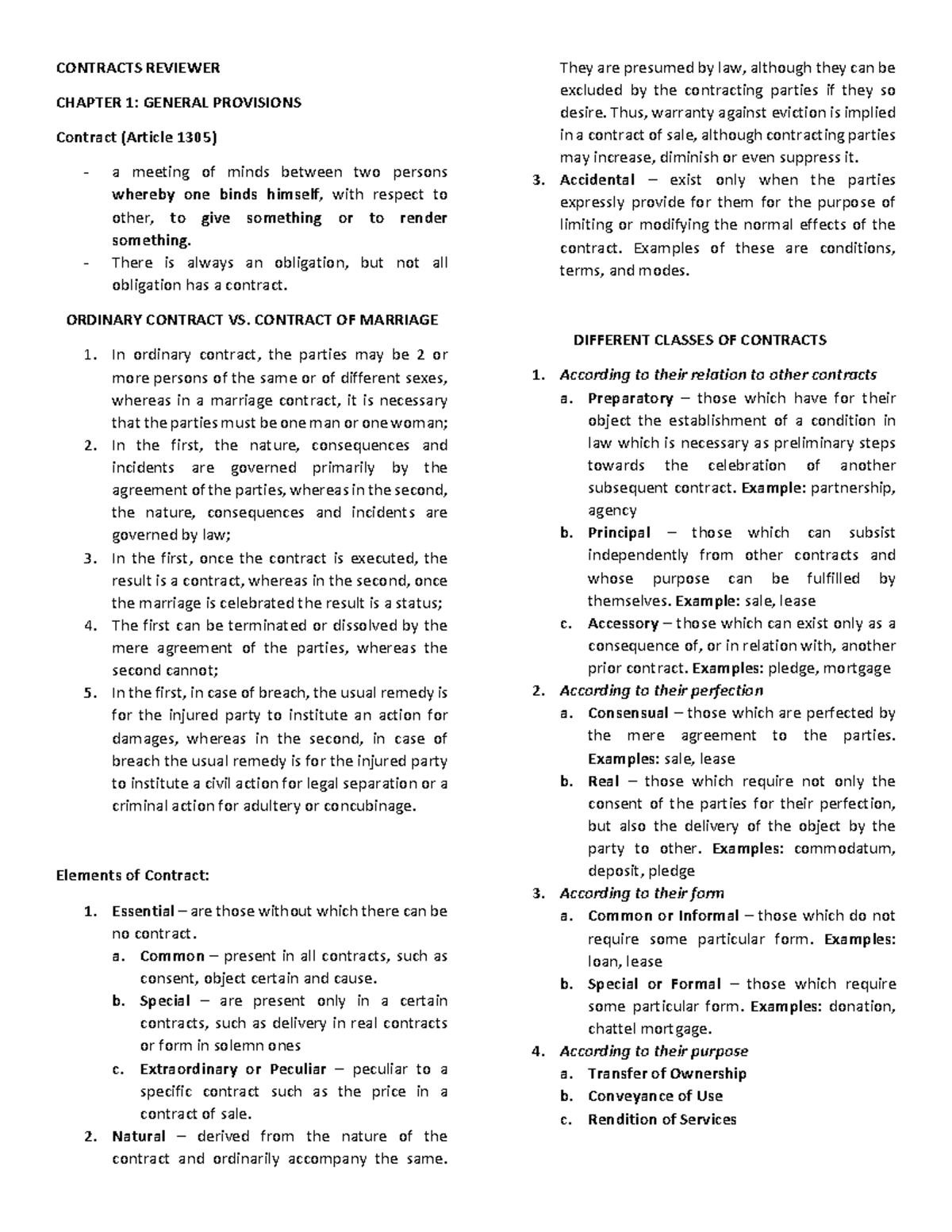 Contracts Reviewer: Essential Provisions and Classifications Guide - Studocu