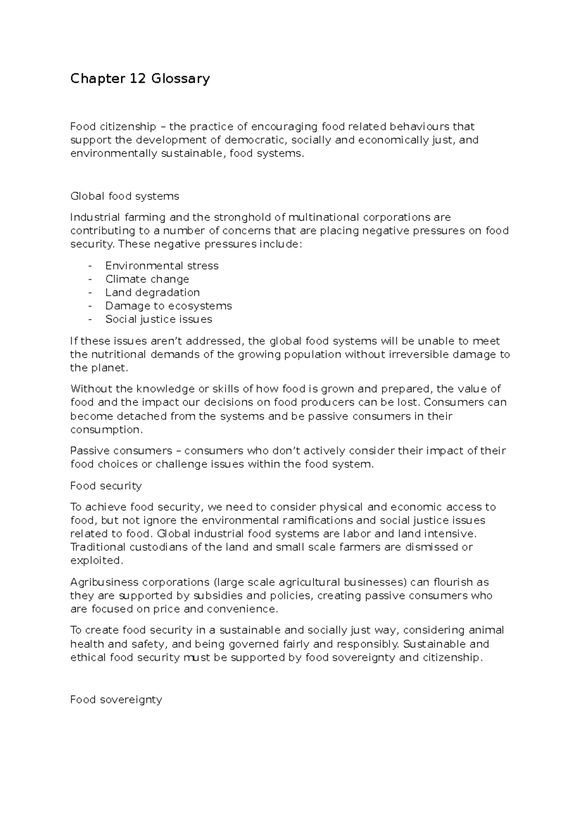 Chapter 12 Glossary - Food Citizenship and Global Food Systems - Studocu
