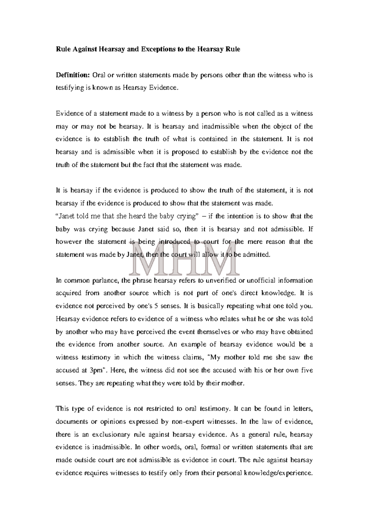 Hearsay Evidence Notes (Law 101): Rule and Exceptions Explained - Studocu