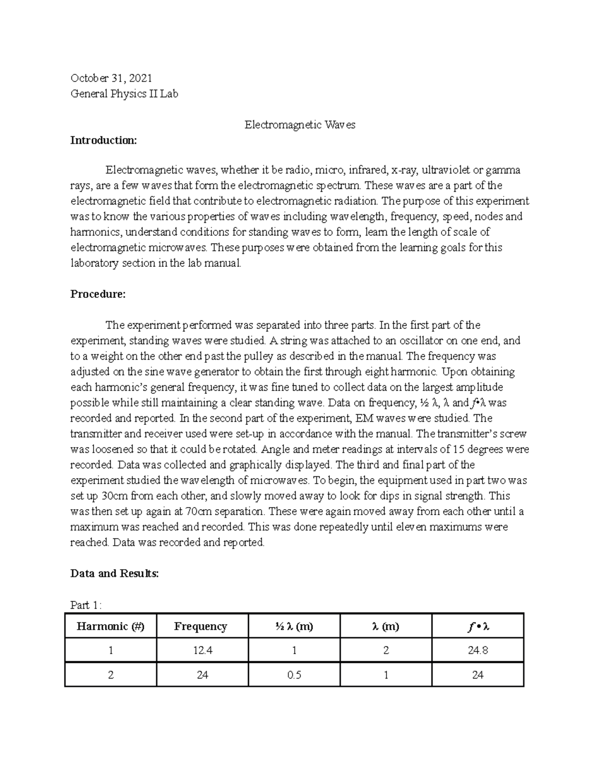 Lab 8 Electromagnetic Waves - October 31, 2021 General Physics II Lab ...
