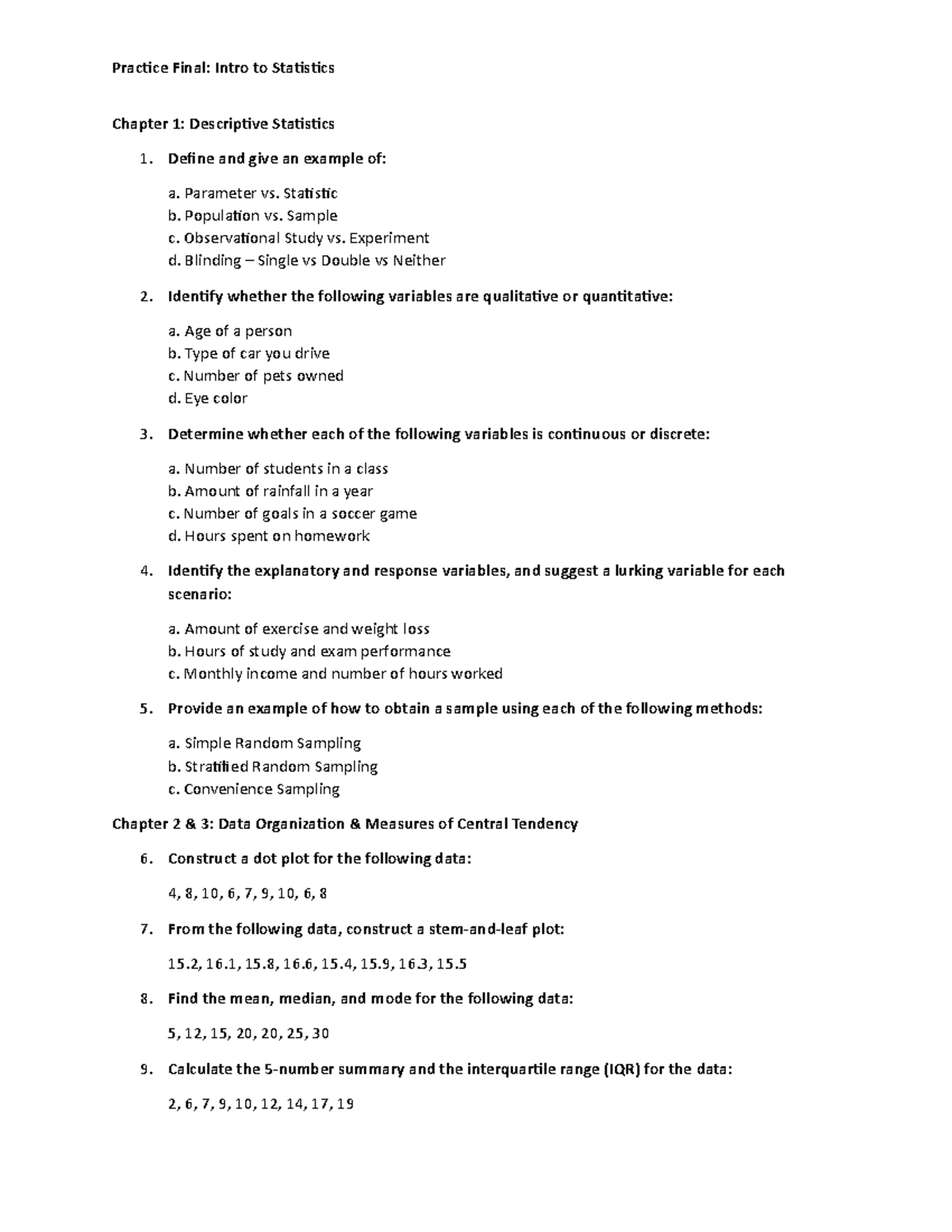 Practice Final: Intro to Statistics - Studocu