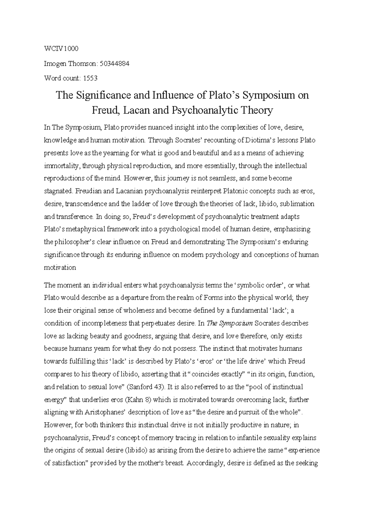 The Symposium and Its Influence on Psychoanalytic Theory: A Study ...