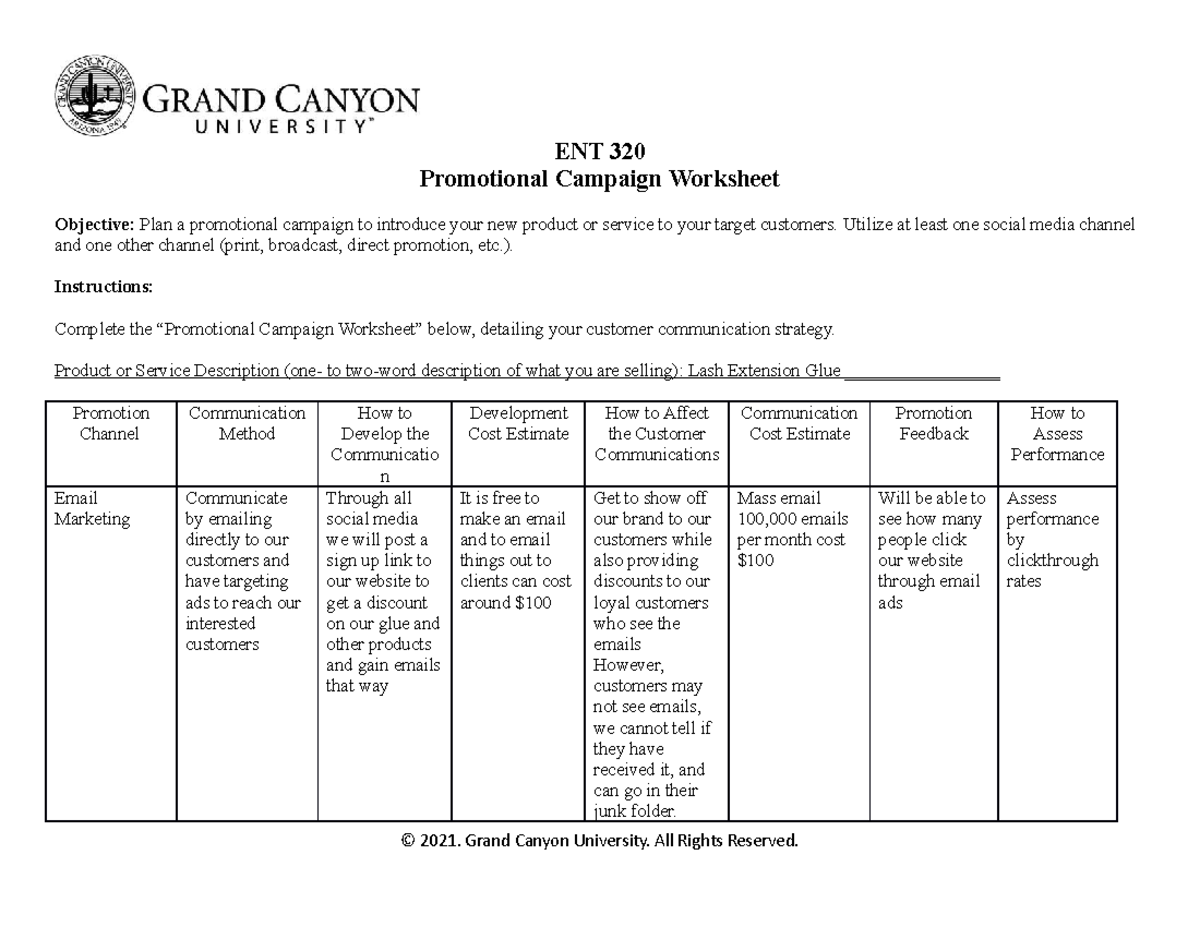 ENT-320-Promotional Campaign Worksheet for Lash Extension Glue - Studocu