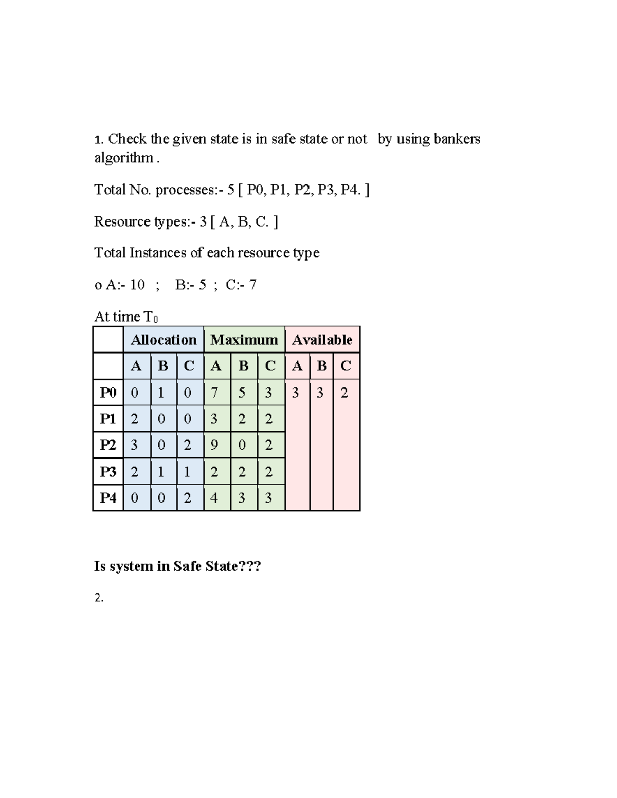 Assignment 1 - OS: Safe State Check Using Banker's Algorithm - Studocu