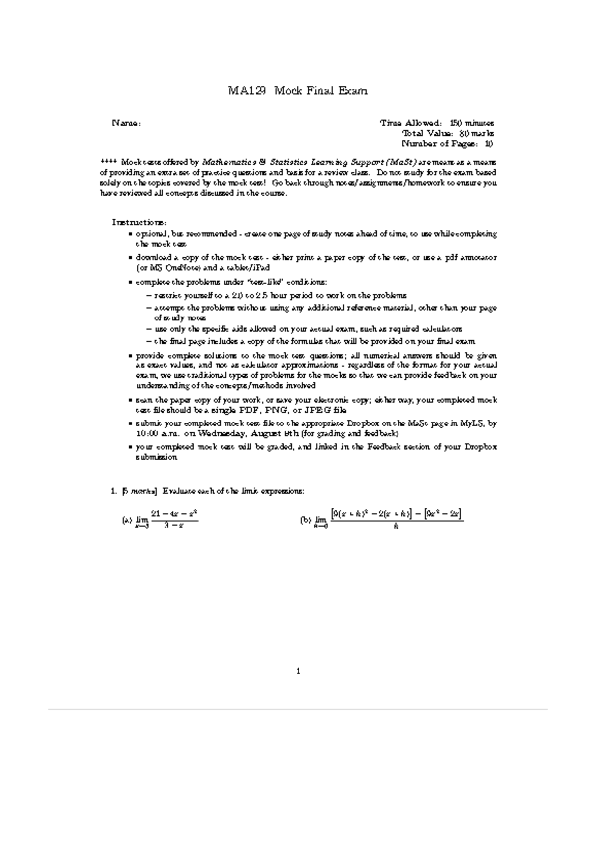 MA129 Mock Final Exam Study Guide and Practice Questions - Studocu