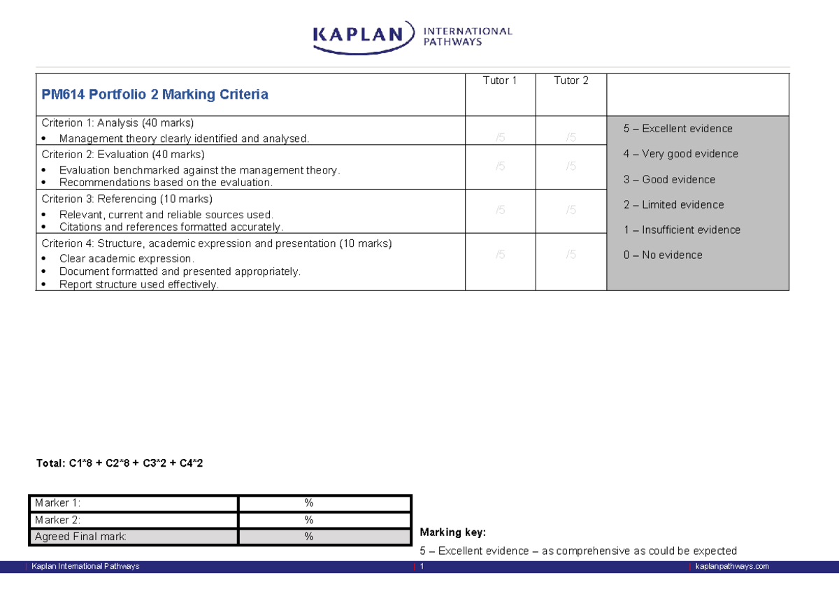 PM614 Portfolio 2 Marking Criteria and Checklist - Studocu