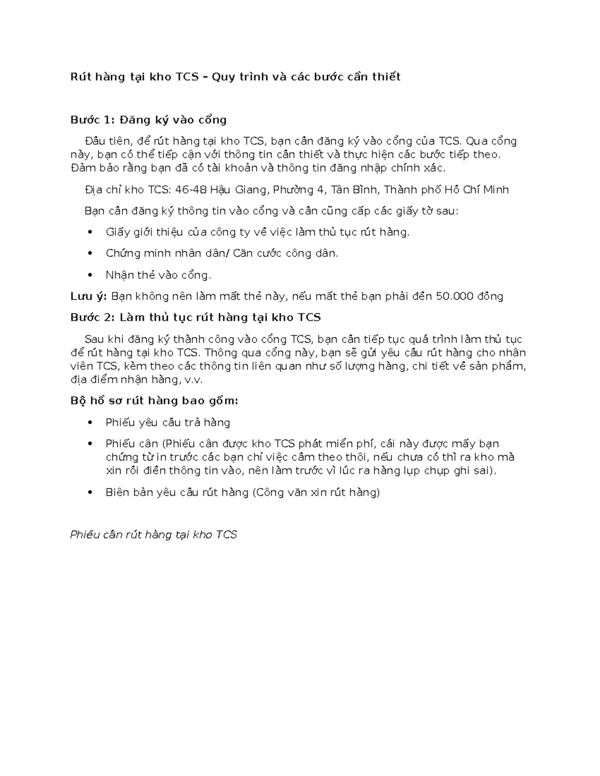 Quy trình nhận hàng nhập tại kho TCS: Hướng dẫn chi tiết - Studocu