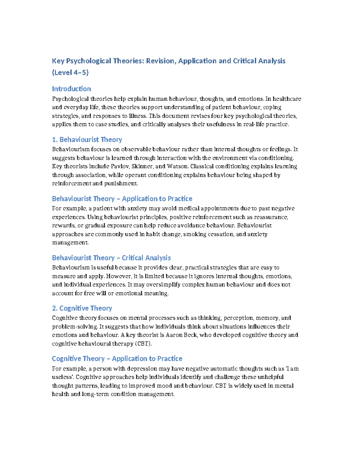 Four Key Psychological Theories: Revision & Application (Level 4/5 ...