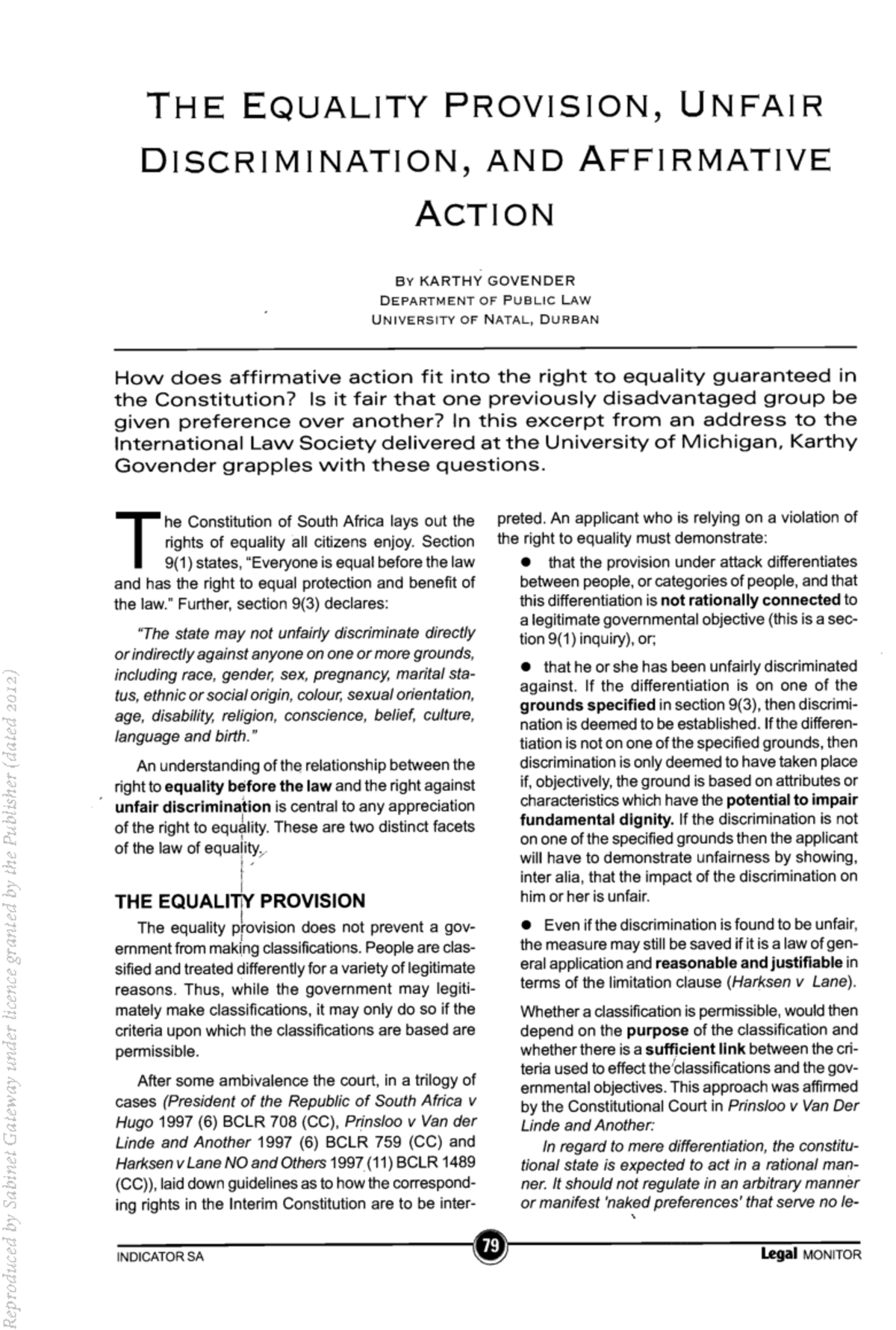 Govender 1998: Equality, Unfair Discrimination & Affirmative Action ...