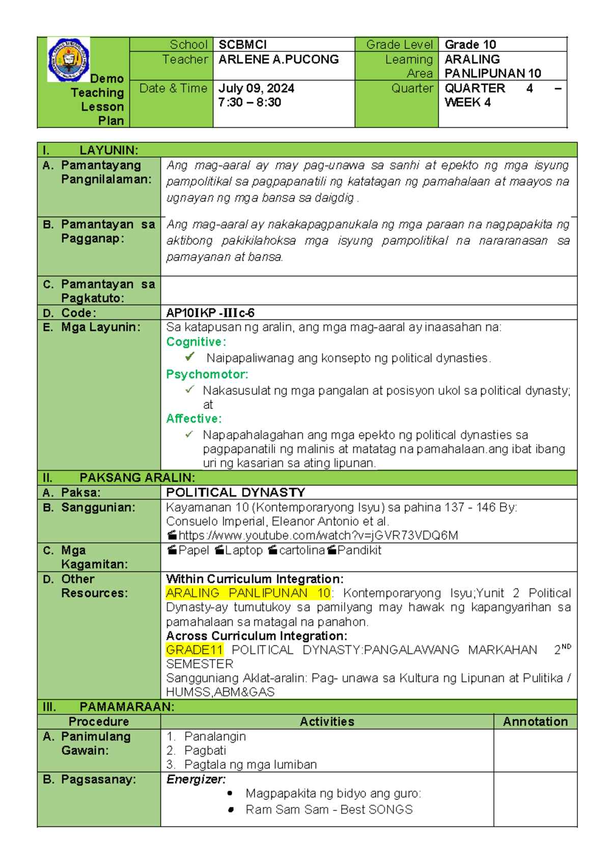 AP10 Lesson Plan: Understanding Political Dynasties in Araling ...
