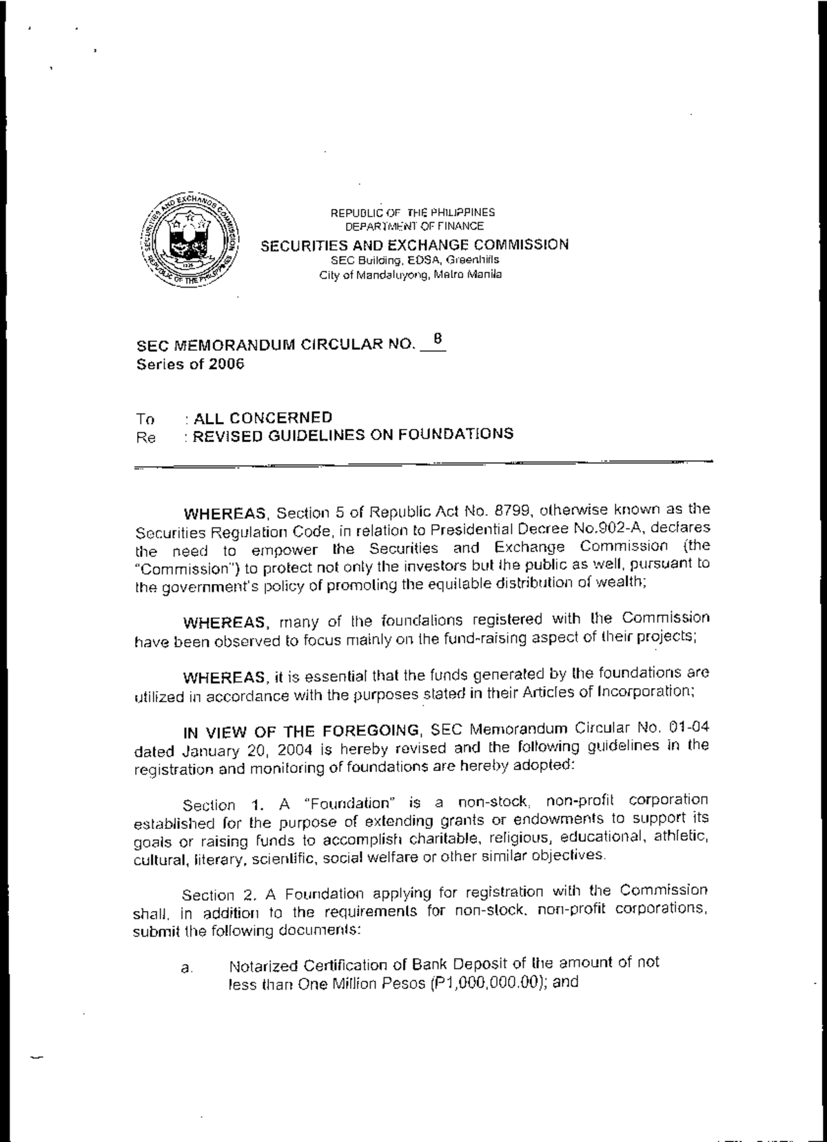 SEC MC 08 2006 - Memorandum Circular for Foundation Overview - Studocu