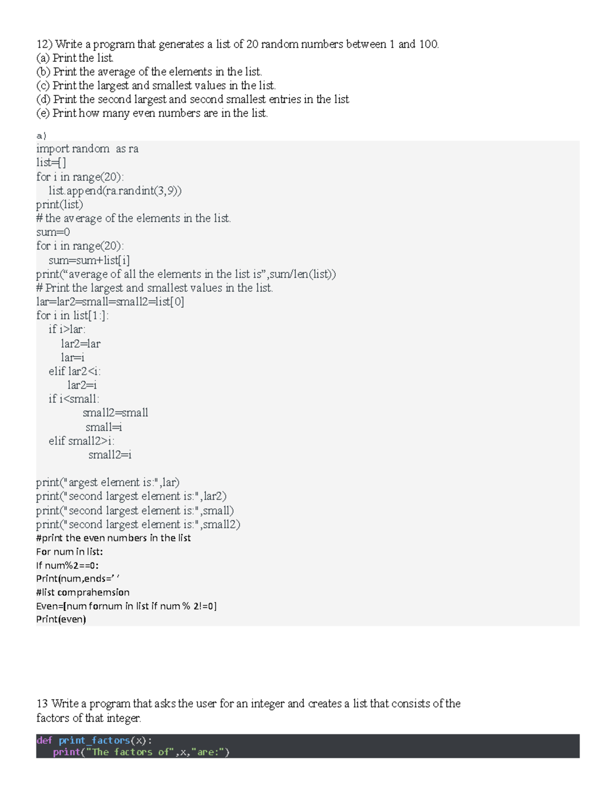 Lab 2 - lab - Write a program that generates a list of 20 random ...