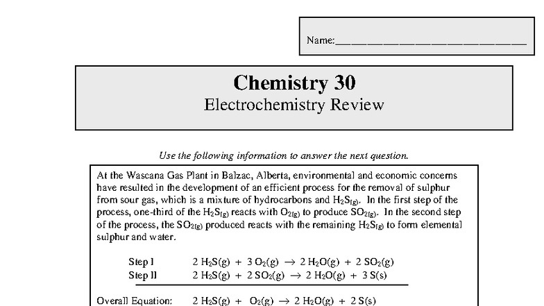 Chemistry 30 Electrochemistry Practice Exam Review - Studocu