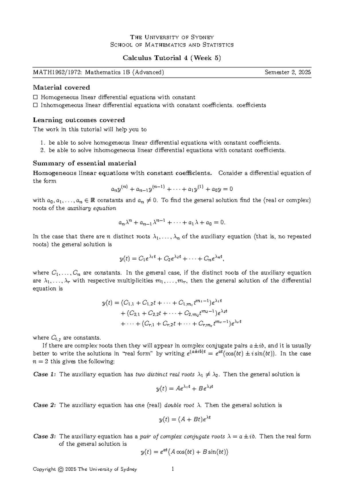 Calculus Tutorial 4 (Week 5) - Mathematics 1B (Advanced) - Studocu
