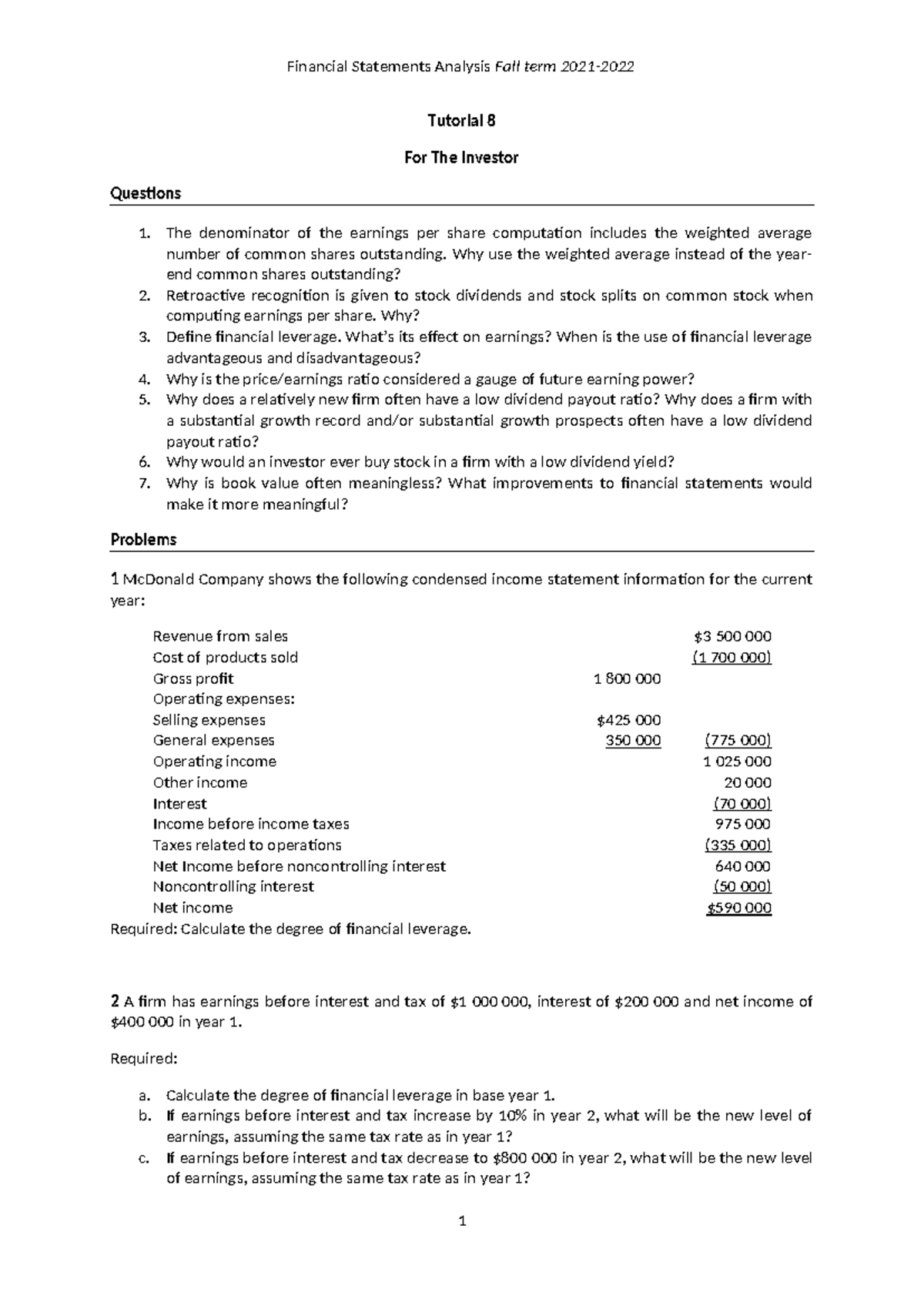 FSA 2021 Tutorial 8: Financial Statements Analysis for Investors - Studocu