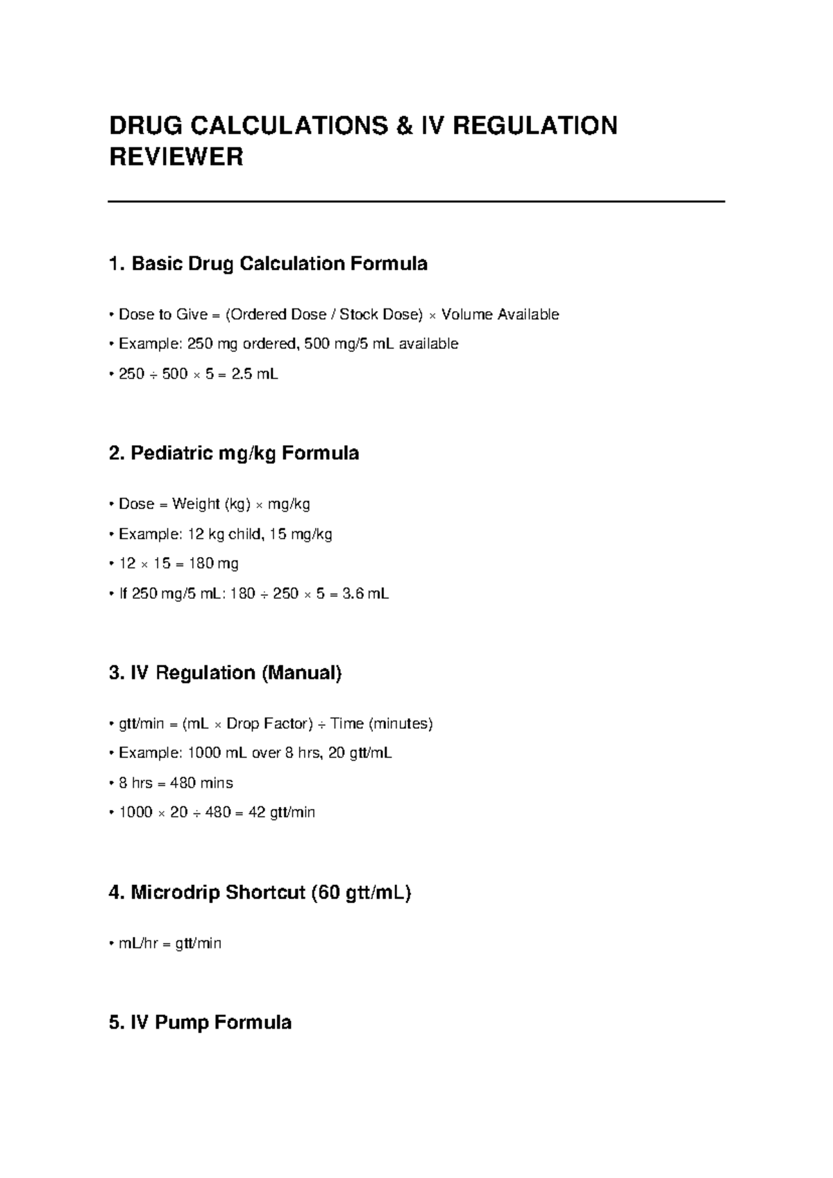 DRUG CALCULATIONS IV REGULATION REVIEWER: KEY FORMULAS & EXAMPLES - Studocu