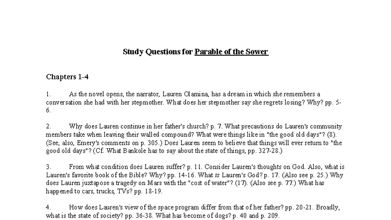 Study Questions for "Parable of the Sower" (Chapters 1-25) - Studocu