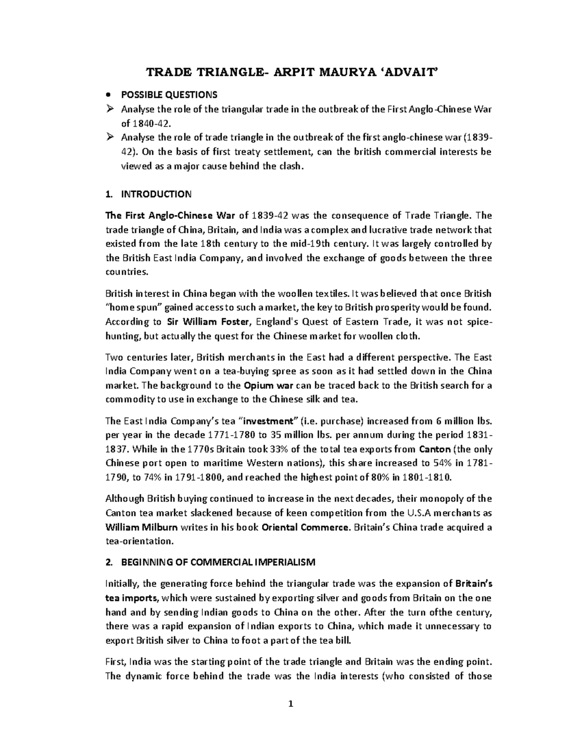 Trade Triangle and Its Role in the First Anglo-Chinese War (1839-42 ...