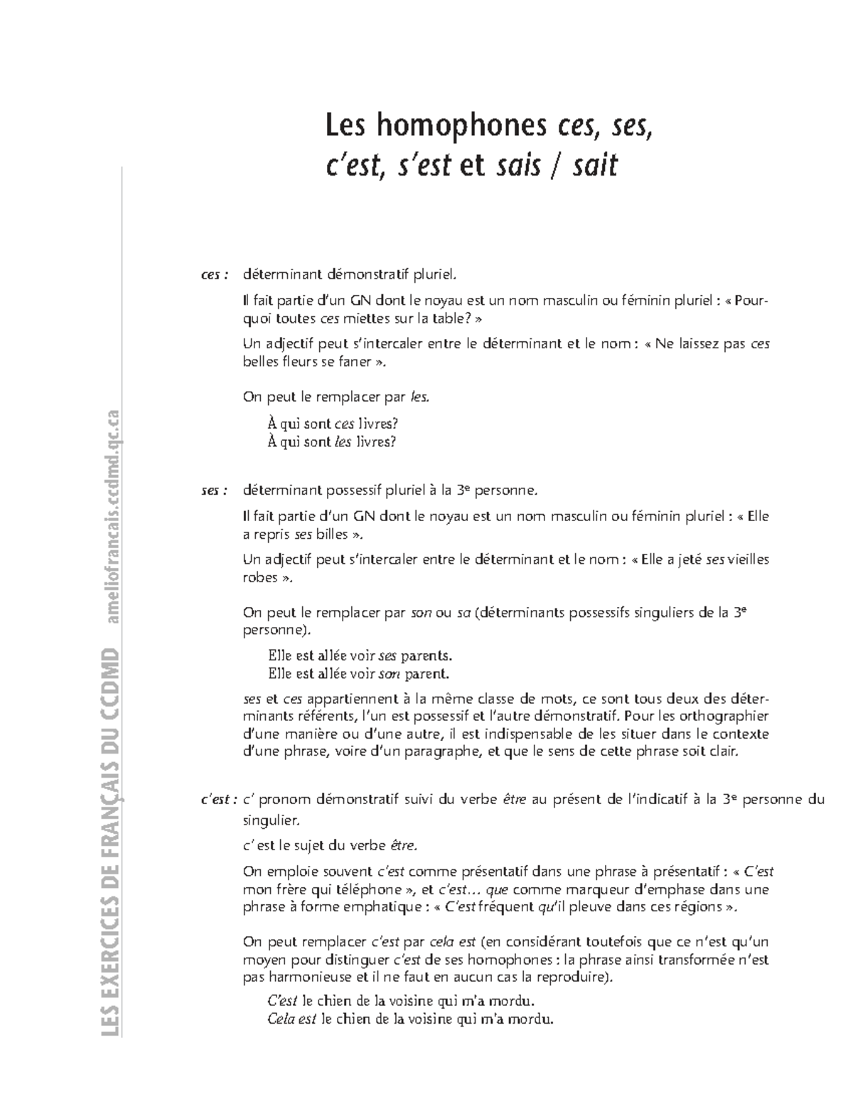 Homophones en Français : Exercices sur ces, ses, sais, sait - Studocu