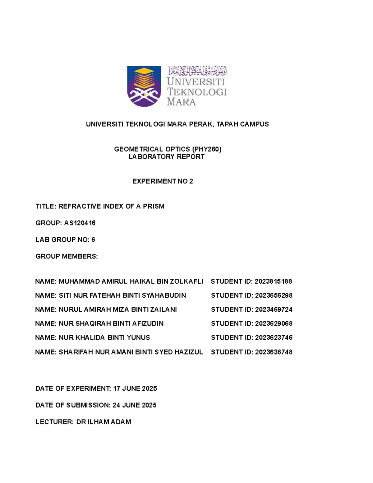 LAB REPORT: REFRACTIVE INDEX OF A PRISM (PHY260) EXPERIMENT 2 - Studocu