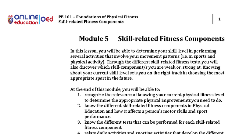 PE 101 Fitness Components: Understanding Skill-Related Fitness - Studocu