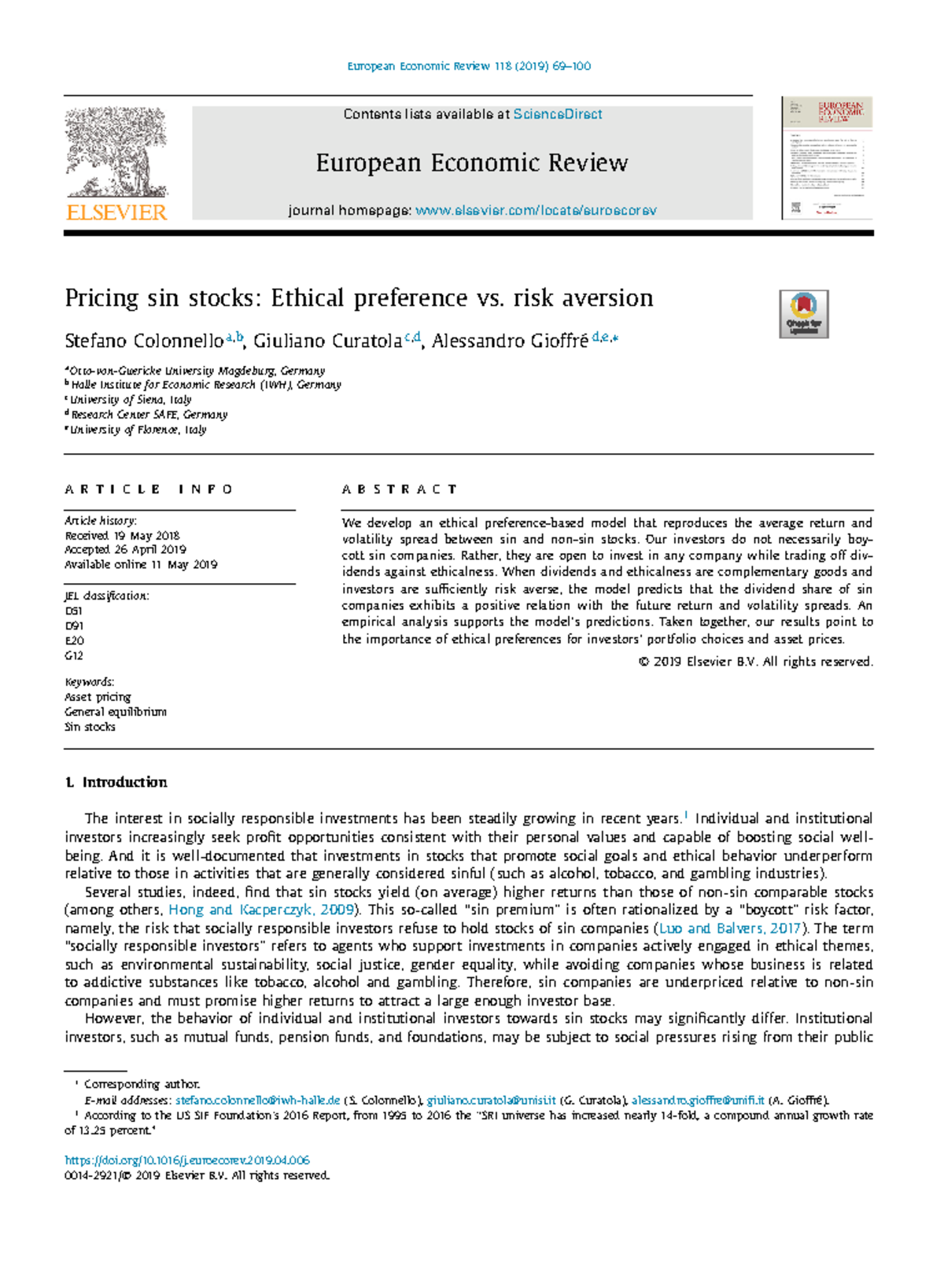 Pricing Ethics in Sin Stocks: A Model of Risk and Preference - Studocu