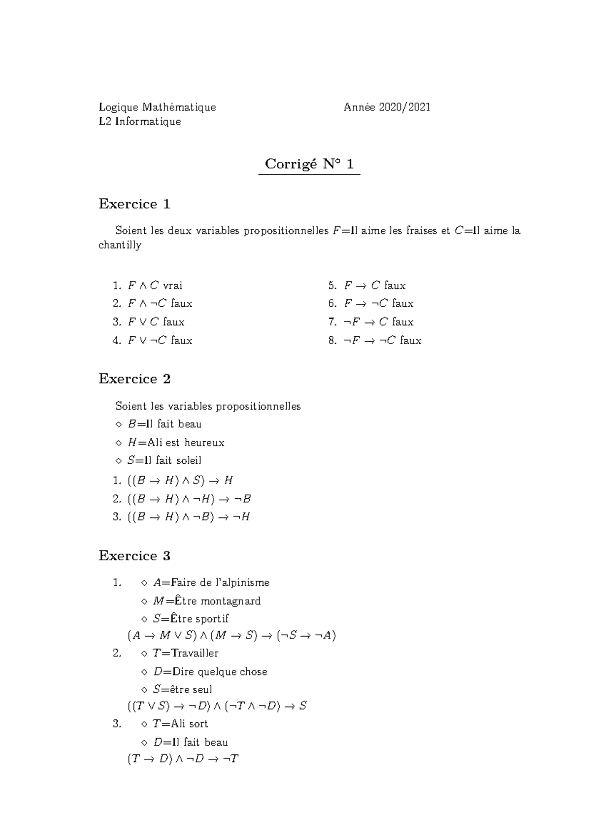 Corrigé TD 2 - Logique Mathématique L2 Informatique - Studocu