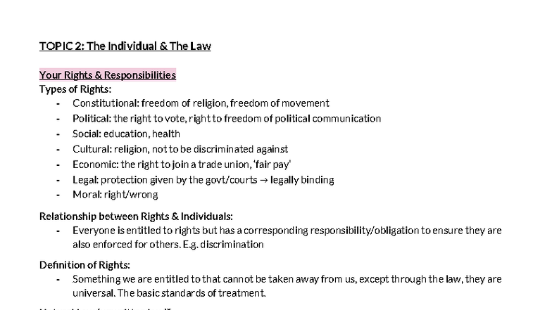 Topic 2: The Individual and the Law - Rights and Responsibilities - Studocu