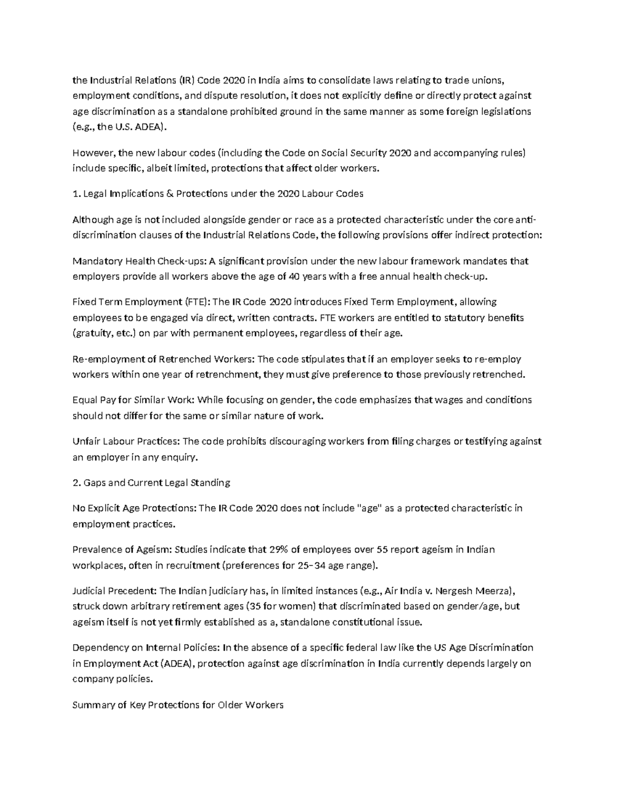 IR Code 2020: Age Discrimination Protections & Gaps in India - Studocu