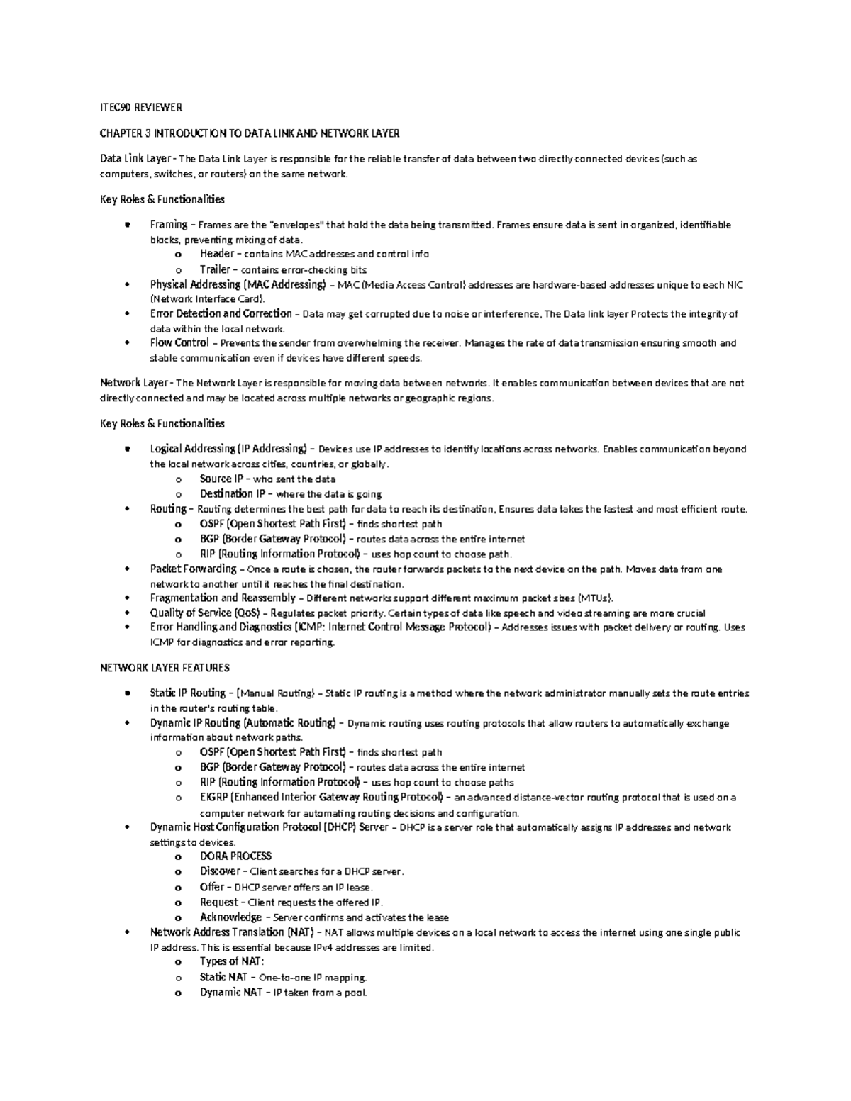 ITEC90 - Final Exam Reviewer: Data Link & Network Layer Overview - Studocu